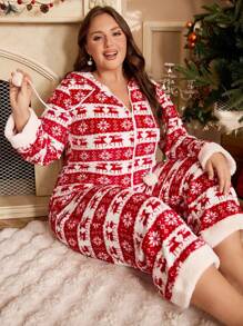 Reindeer Print Plush Animal Ear Hooded Plus Size Jumpsuit, Christmas ...