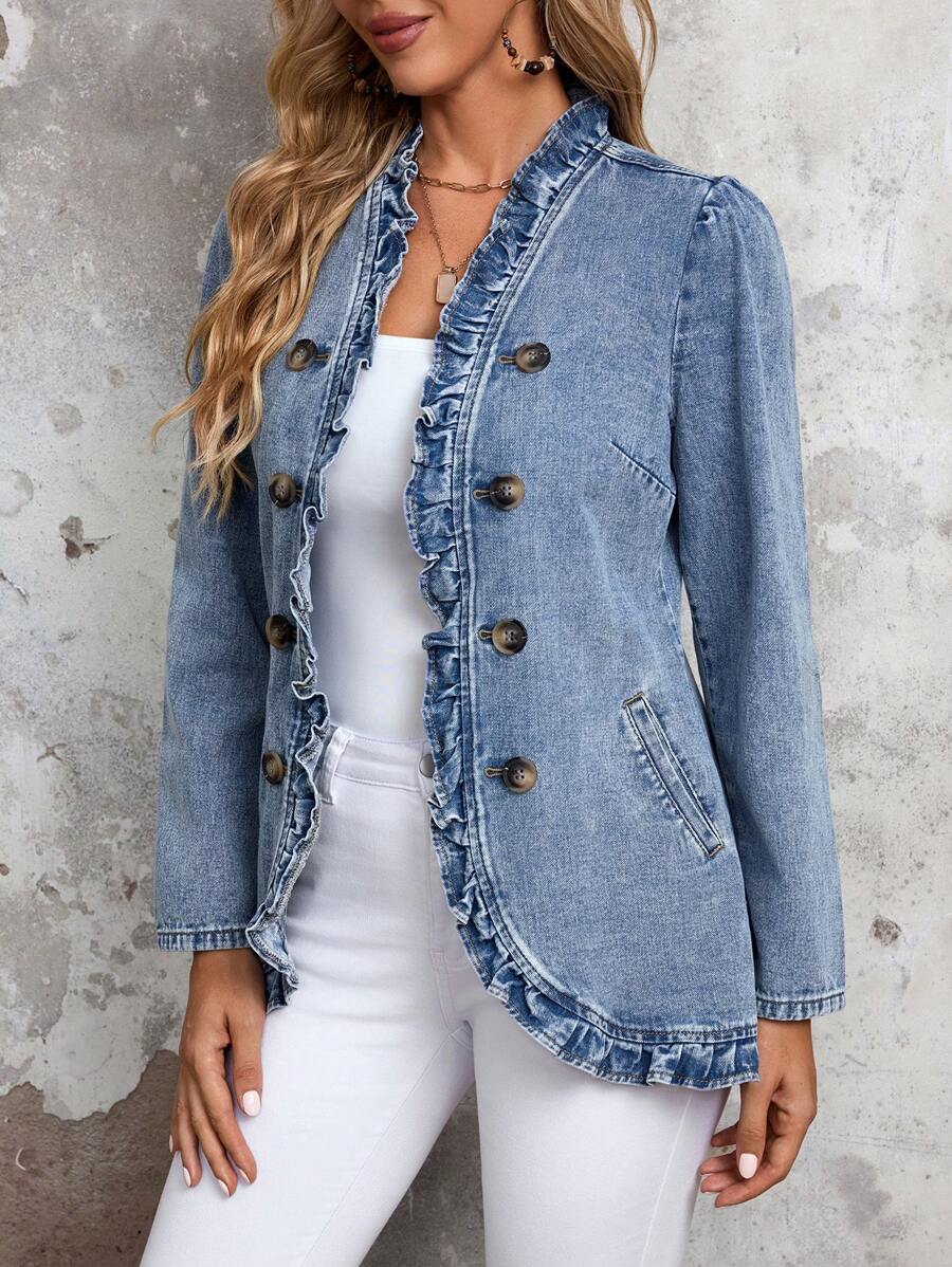 EMERY ROSE Women's Solid Color Double-Breasted Ruffled Hem Casual Long ...