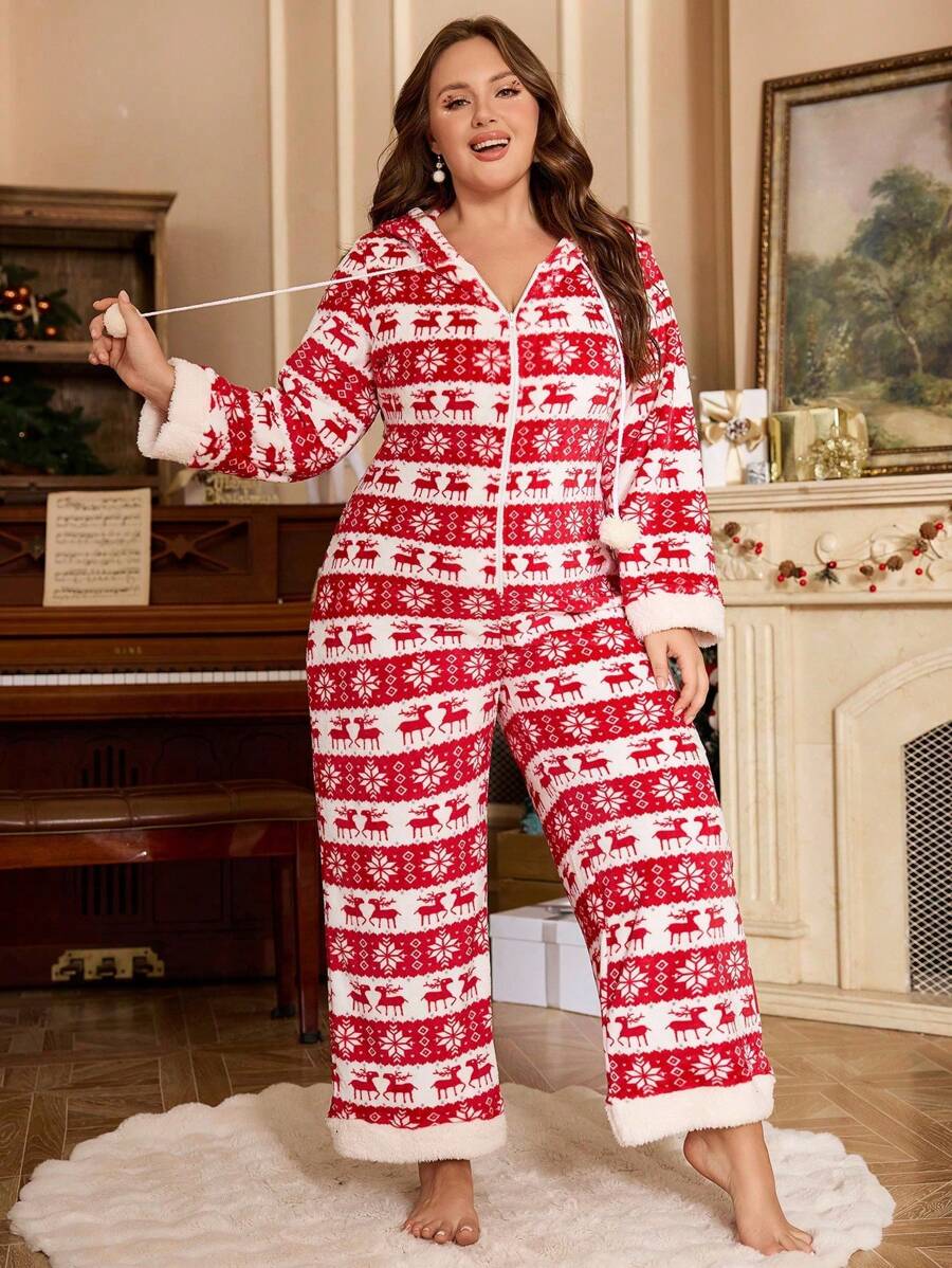 Reindeer Print Plush Animal Ear Hooded Plus Size Jumpsuit, Christmas ...