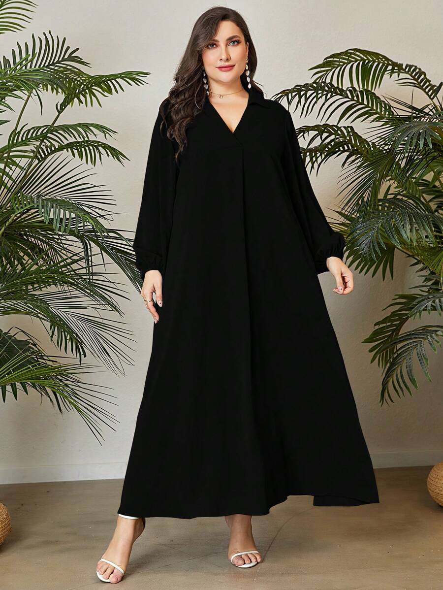 Mulvari Plus Size Solid Color Lantern Sleeve Long Casual Dress For ...