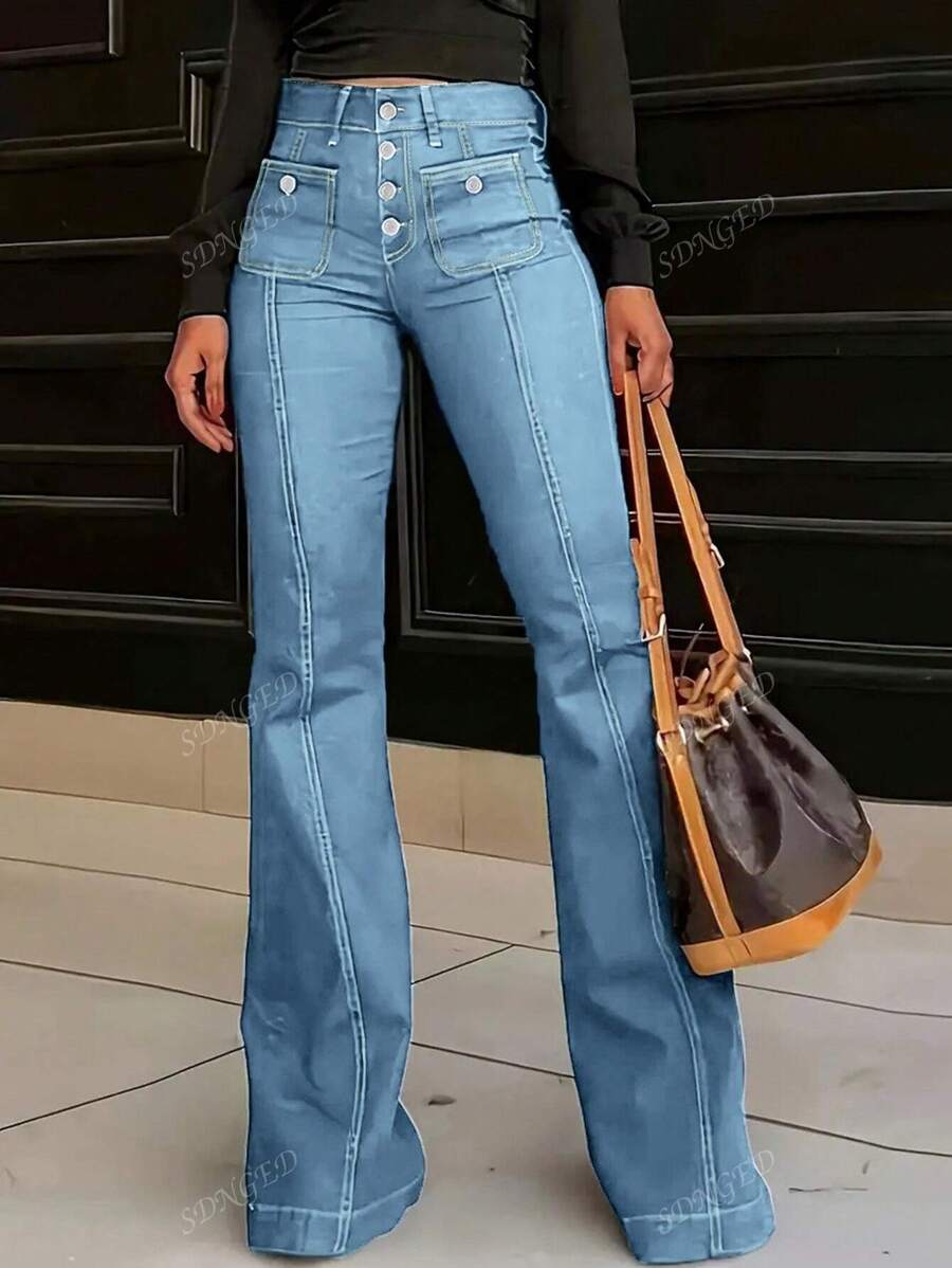 European And American Style New Mid-Waist Skinny Pocket Multi-Button ...