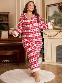 Reindeer Print Plush Animal Ear Hooded Plus Size Jumpsuit, Christmas ...