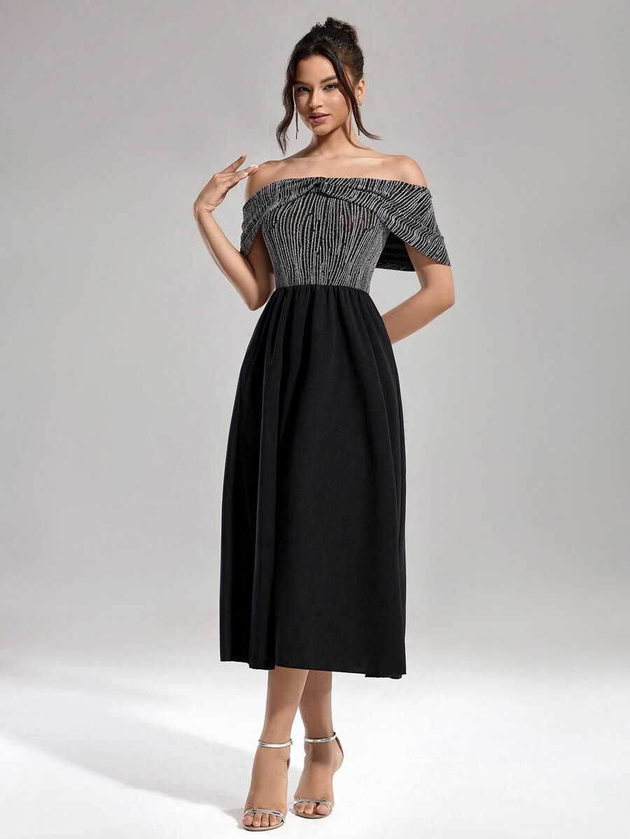 SHEIN Belle Women's Off Shoulder Shiny Patchwork Banquet Dress, Elegant ...