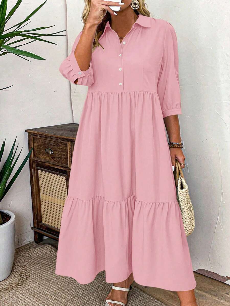 EMERY ROSE Plus Size Solid Color Ruffle Hem Button Front Casual Dress ...
