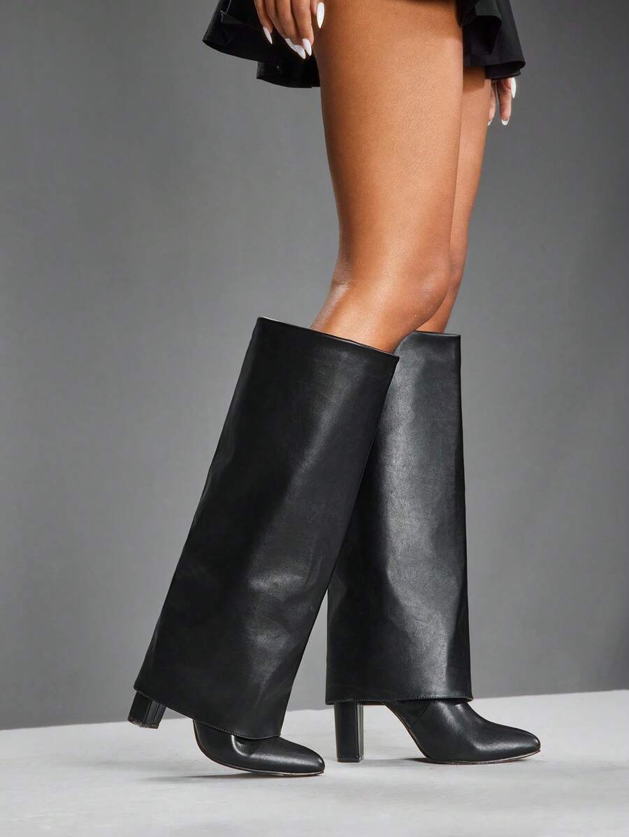 CUCCOO SZL Black Wide Leg Thick High Heel Pointed Toe Knee High Boots ...