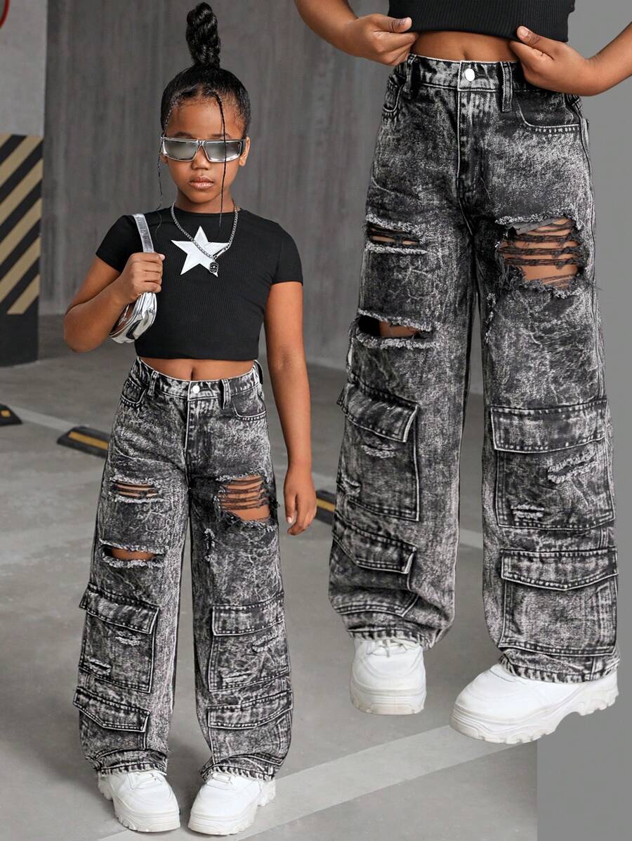SHEIN Tween Girl Y2K Fashion Solid Stone-Washed Distressed Ripped Cargo ...