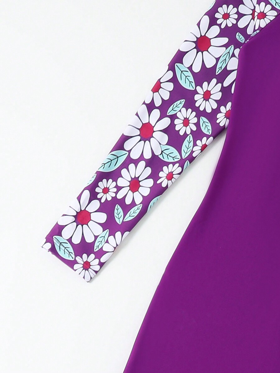 Tween Girl One-Piece Floral Print Patchwork Swimsuit For Vacation ...