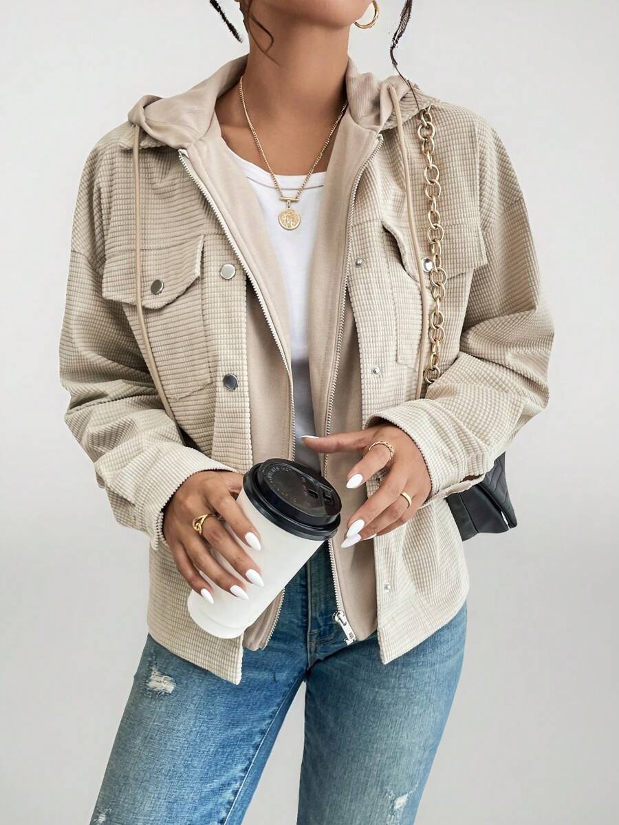 SHEIN PETITE Flap Pocket Drop Shoulder Drawstring Hooded Earthy Airport ...