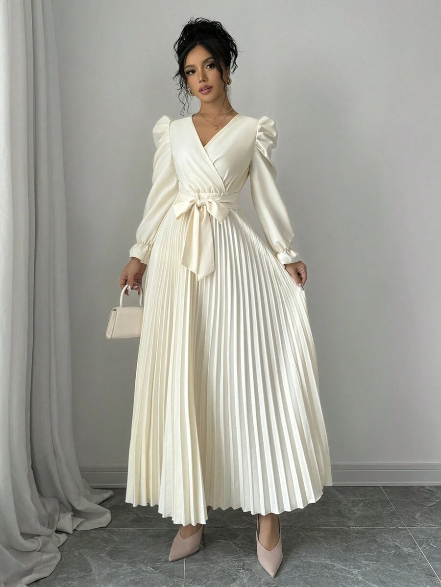 Rafferiza V-Neck Tie-Up Gigot Sleeve Pleated Solid Color Long Dress For ...