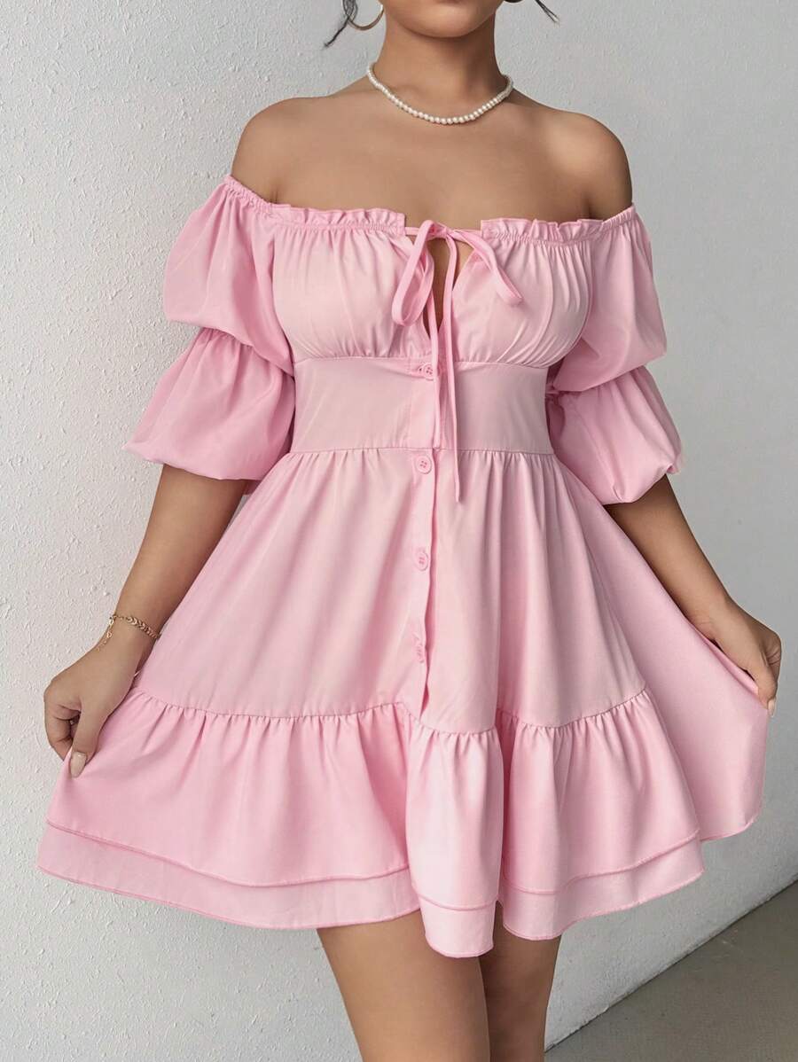 SHEIN Unity Women Fashionable Solid Color Bubble Sleeve Off-The-Shoulder Dress Mini Short Women ...
