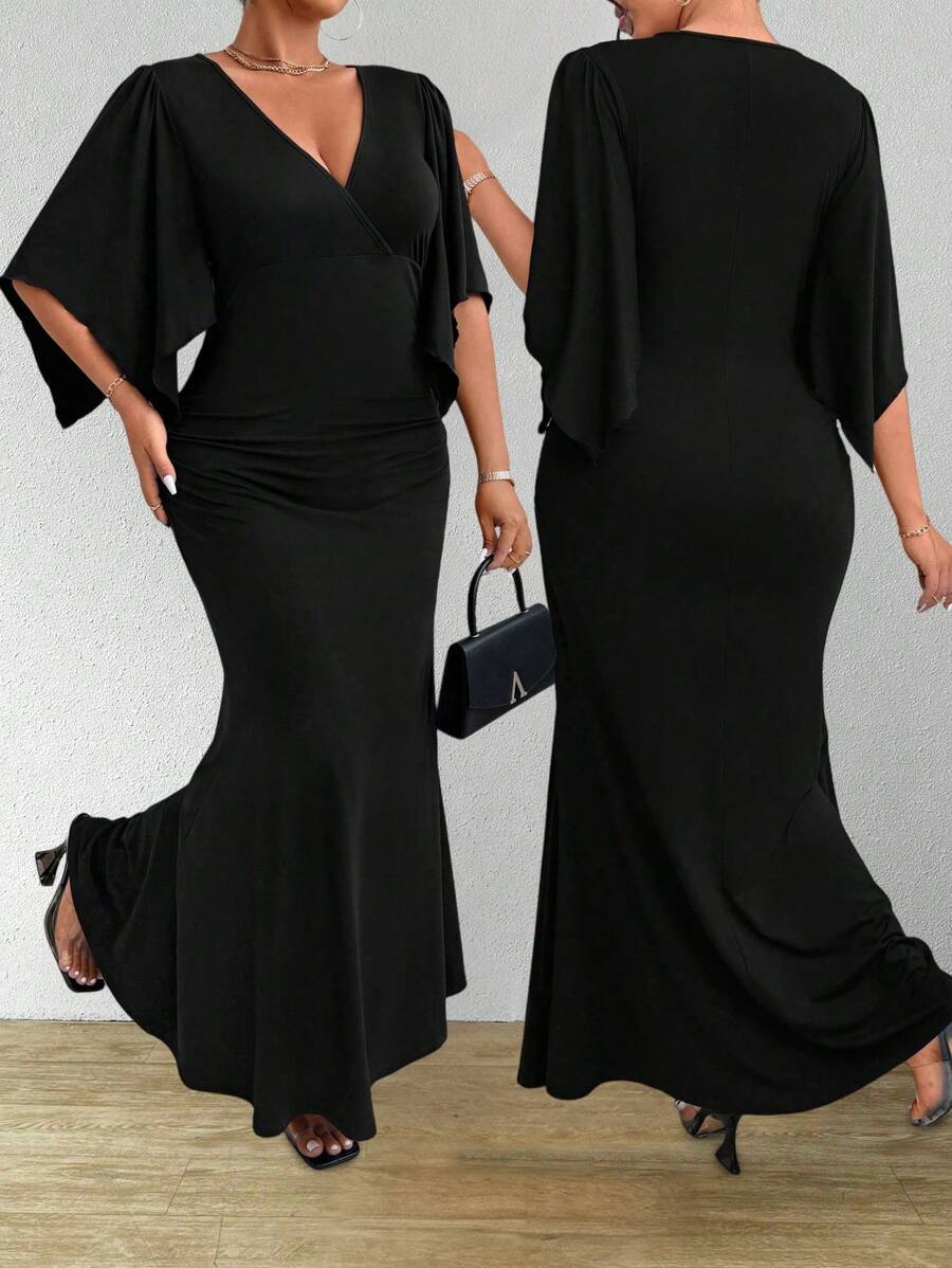 SHEIN Clasi Plus Size Solid Color V-Neck Ruched Wrap Dress Maxi Women Outfit | SHEIN USA