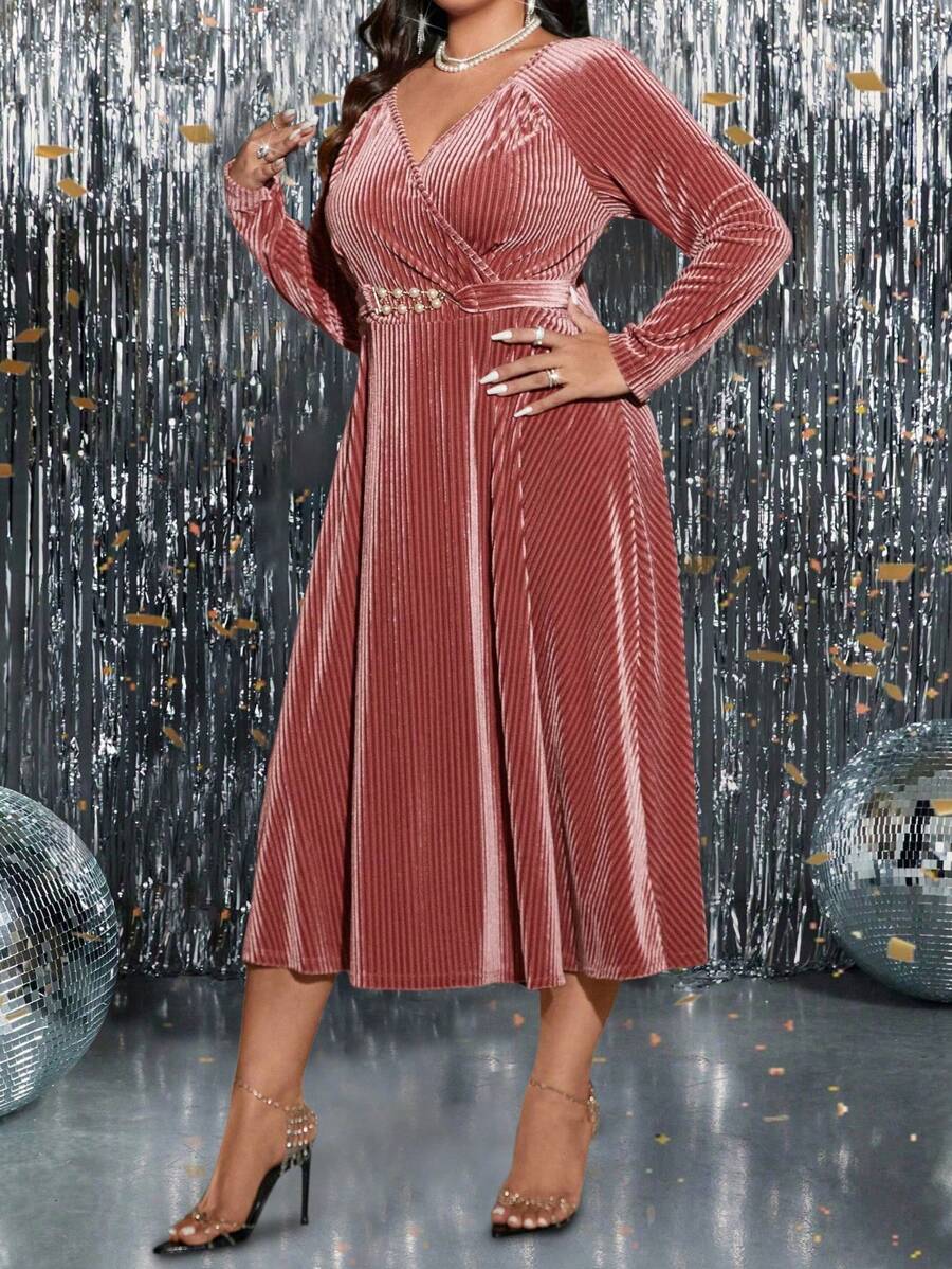 SHEIN Clasi 1pc Plus Size Women V-Neck Long Sleeve Elegant Pink Party Christmas Dress Maxi Women ...