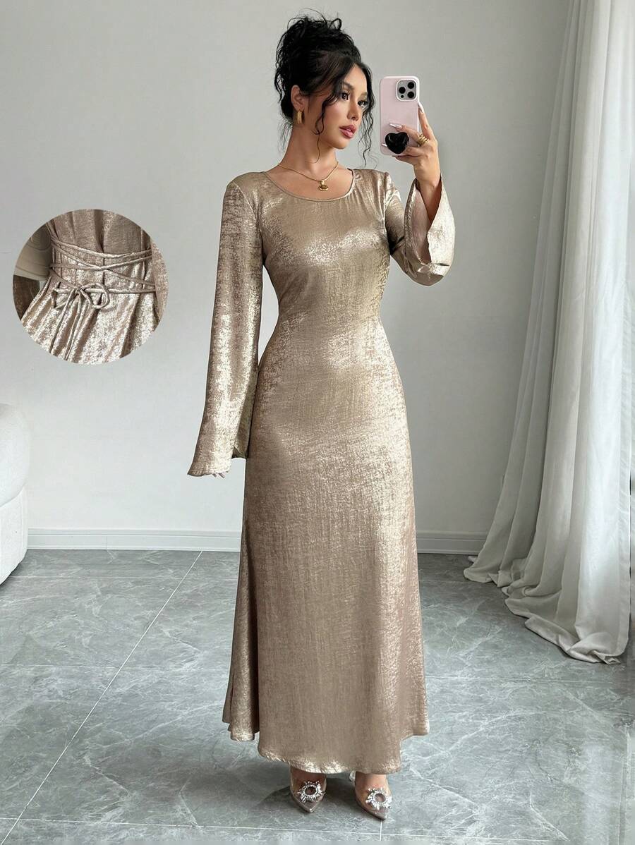 Rafferiza 1pc Women's Elegant Backless V Neck Lantern Sleeve Waist ...