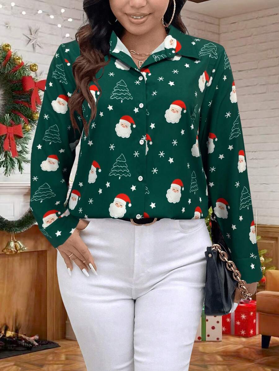 SHEIN LUNE Plus Size Woven Santa Claus Print Green Blouse, For ...