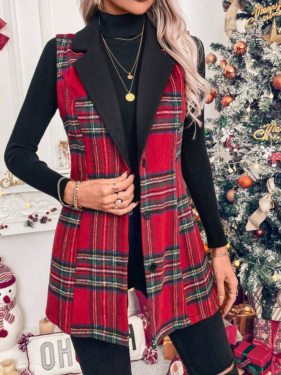 EMERY ROSE Christmas Women's Casual Red Plaid Cinched Waist Vest Jacket ...