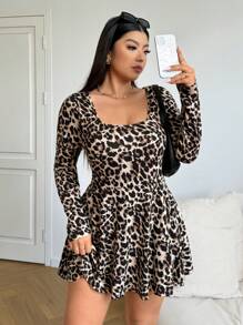SHEIN EZwear Plus Size Women Leopard Print Square Neck Long Sleeve ...