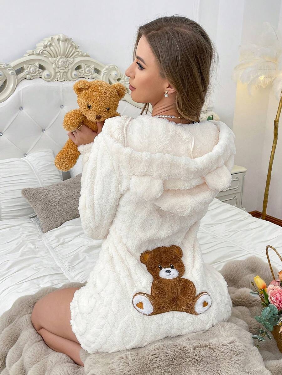 Animal Shaped Hooded Bear Embroidered Plush Pajama Rompers For Women ...