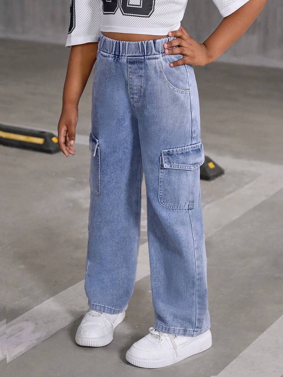 Tween Girl Casual Versatile All-Match Wide Leg Distressed Denim Cargo ...