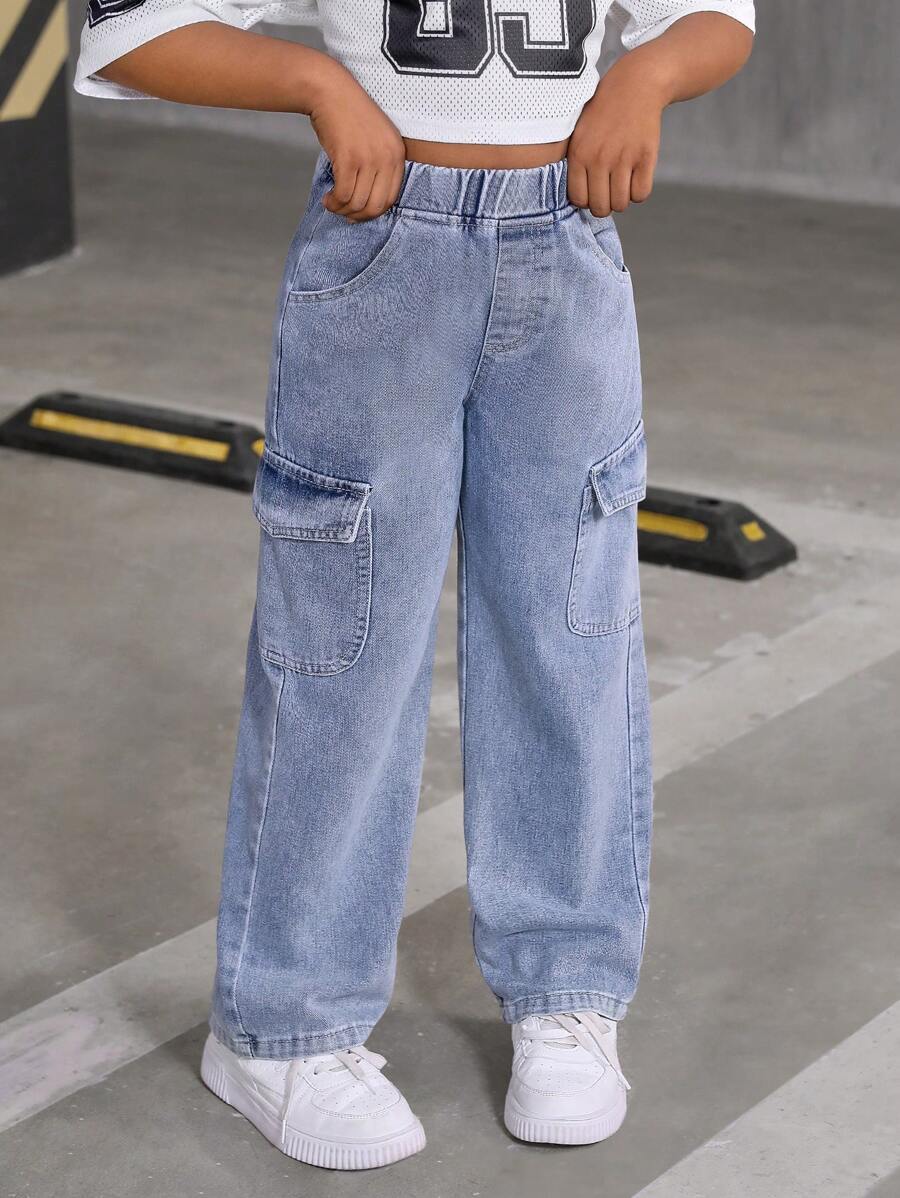 Tween Girl Casual Versatile All-Match Wide Leg Distressed Denim Cargo ...