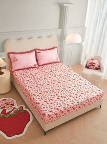 Strawberry Shortcake X SHEIN Fashionable And Cute All-Over Strawberry Print Ruffle Trim Fitted ...