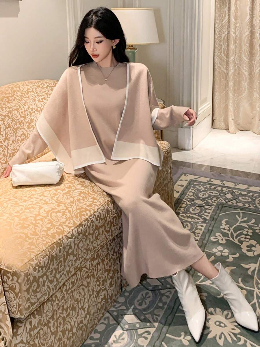 DAZY 2 Stück Damen Lässig Farbblock Locker Strickjacke und Strickkleid ...