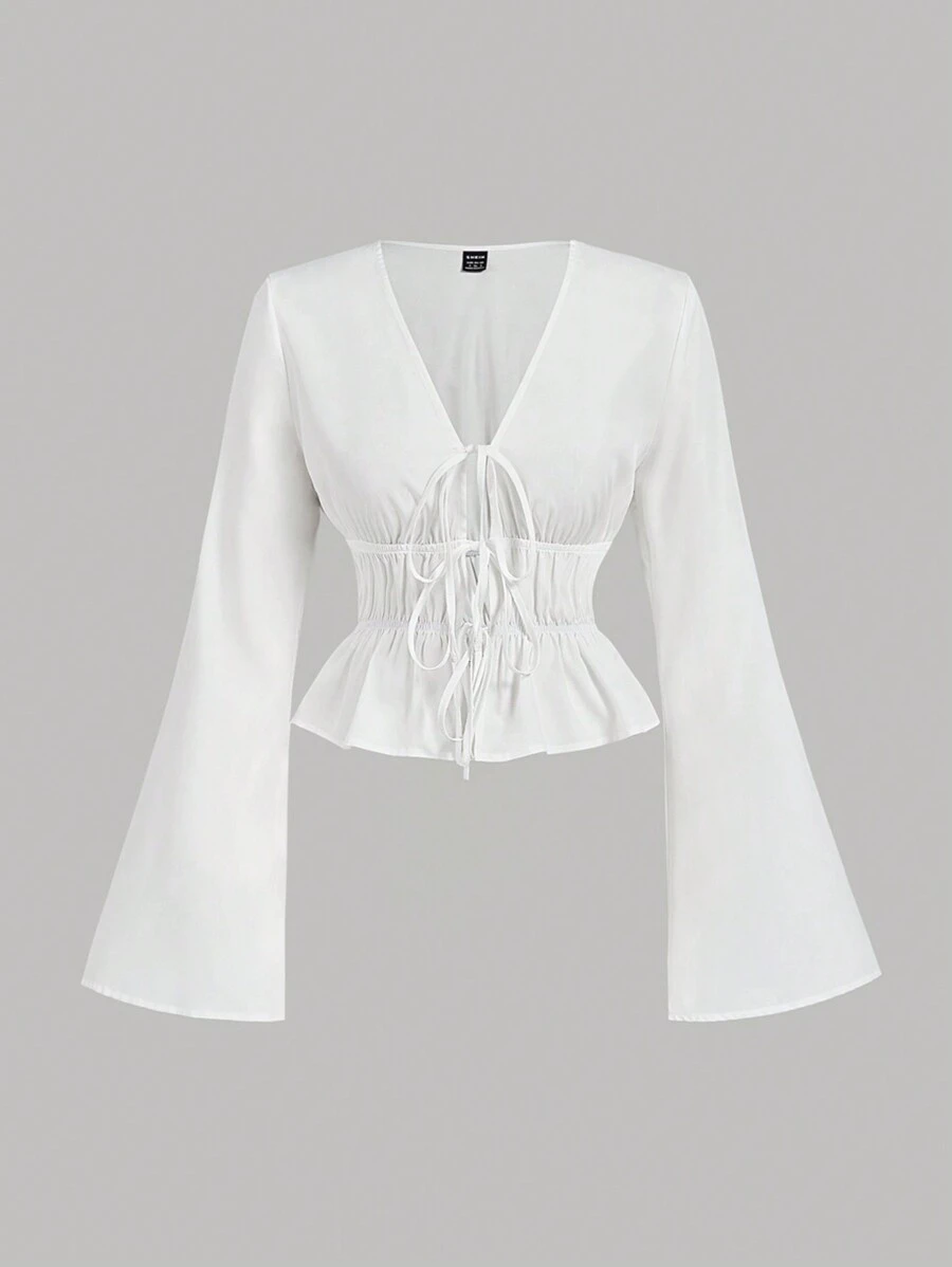 SHEIN MOD White Women's Tie Front Flare Sleeve Blouse,Hollowed Costumes ...