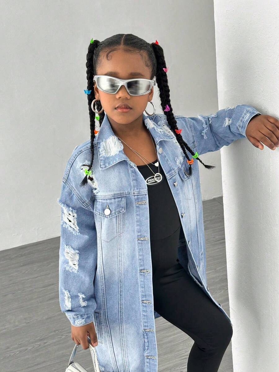 TWEEN GIRL Y2K Street Style Casual Collegiate Distressed Ripped Long ...