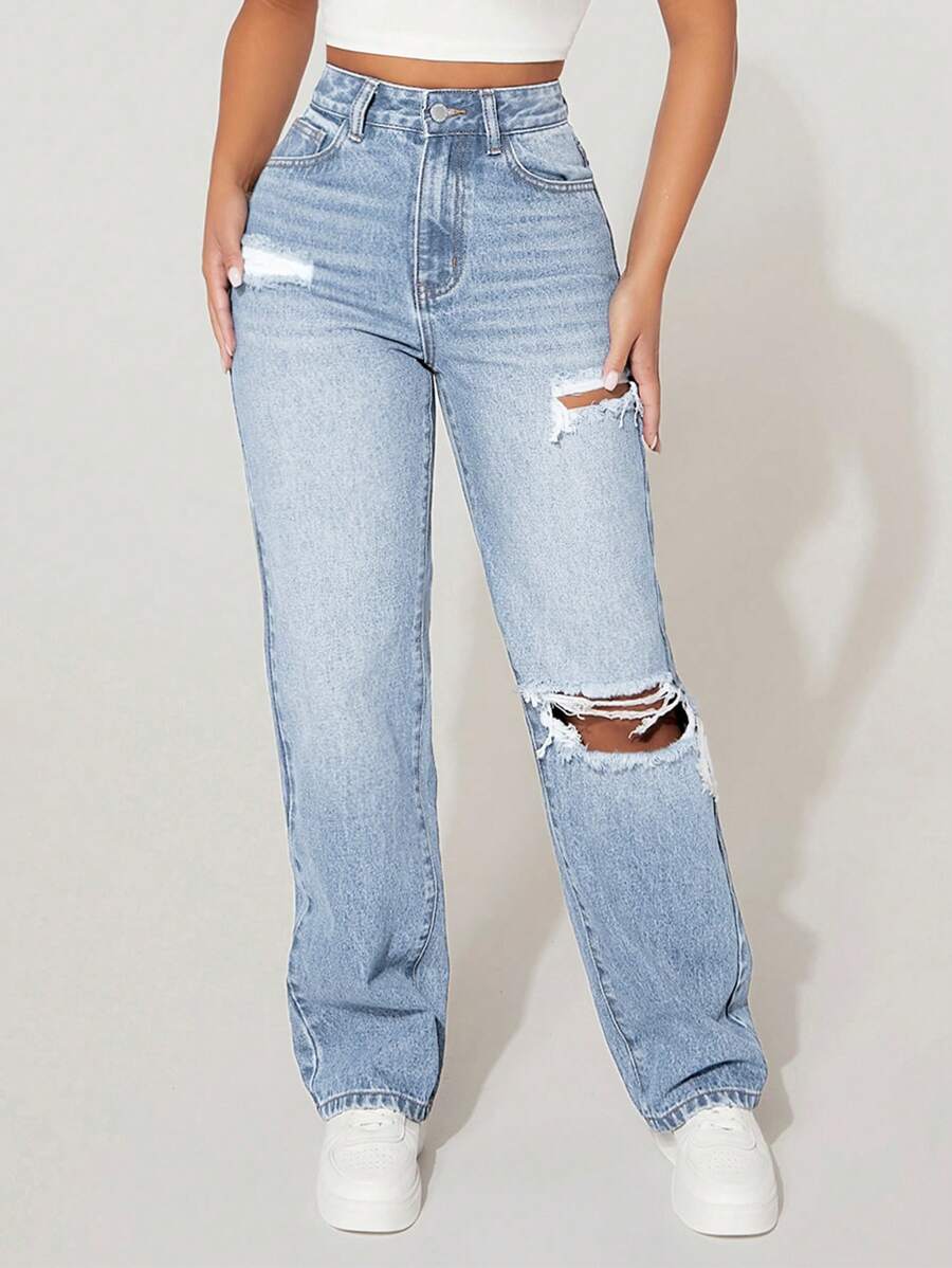 SHEIN EZwear Brushed Fabric Thermal High Waist Ripped Straight Leg Blue Jeans Thanksgiving ...