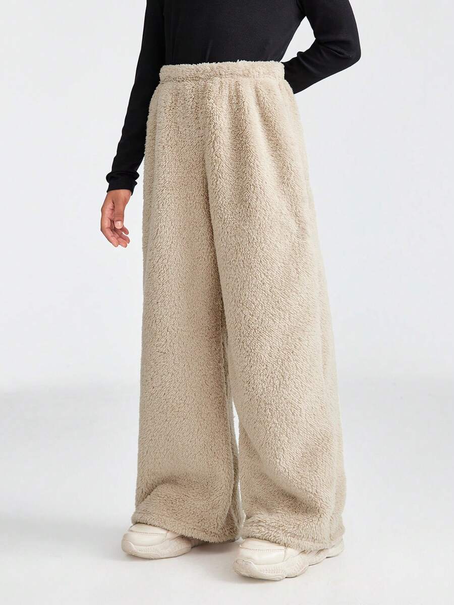 SHEIN Coolane Tween Girl Solid Color Elastic Waist Fluffy Wide Leg ...