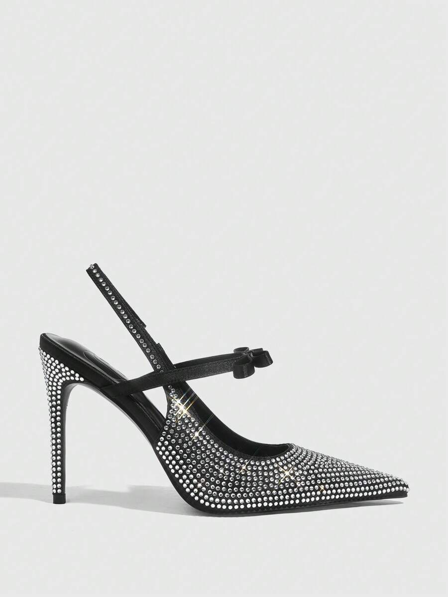 CUCCOO SZL Black Pointy Toe Rhinestone Decorated Stiletto High Heels ...