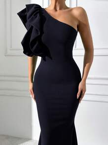 Women'S Solid Color One Shoulder Ruffle & Decorated Fish Tail Hem Dress ...
