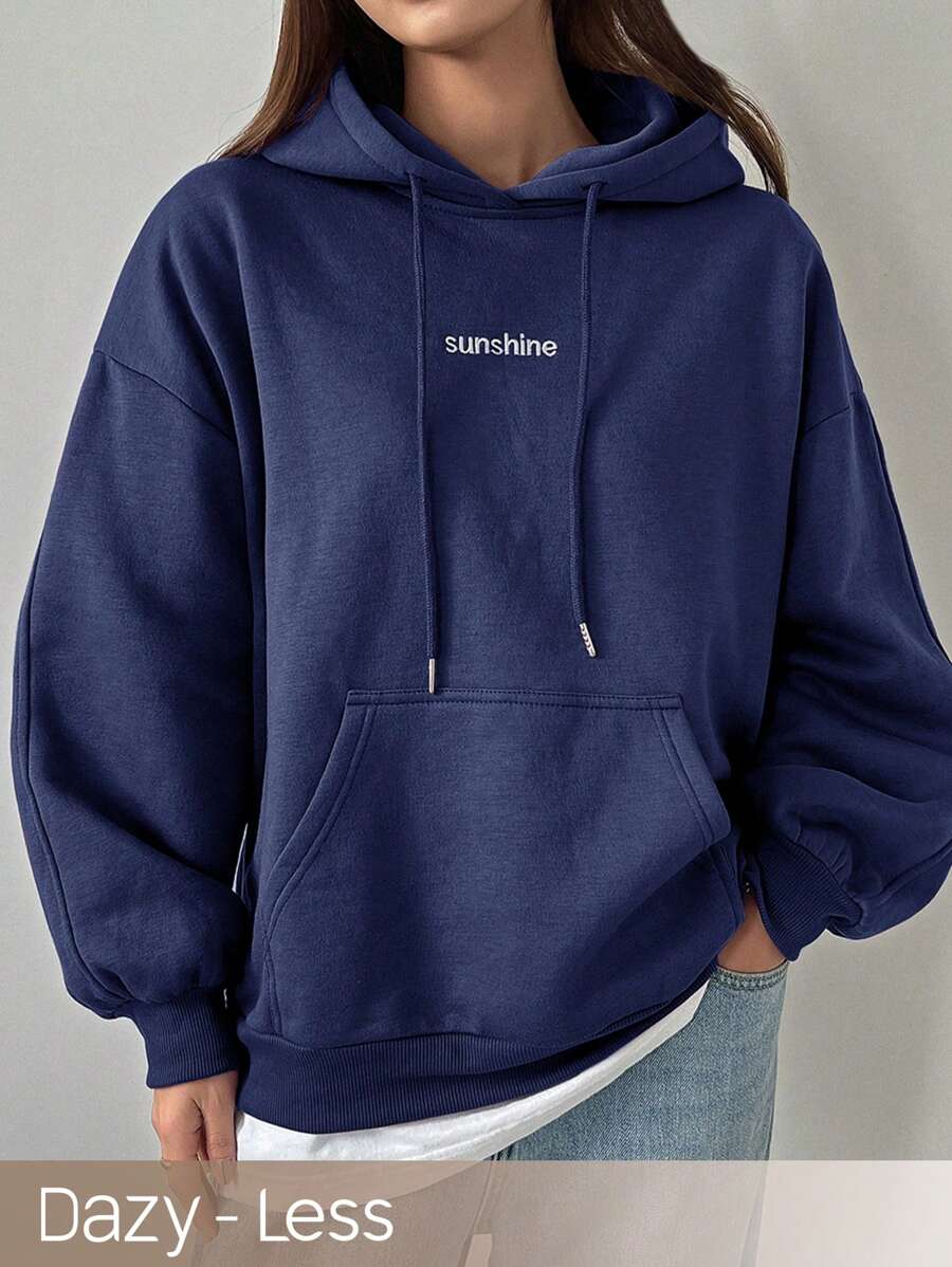 Dazy-Less Loose Fit Thermal Lined Solid Color Letter Print Hoodie For Women,Fall Clothes | SHEIN USA