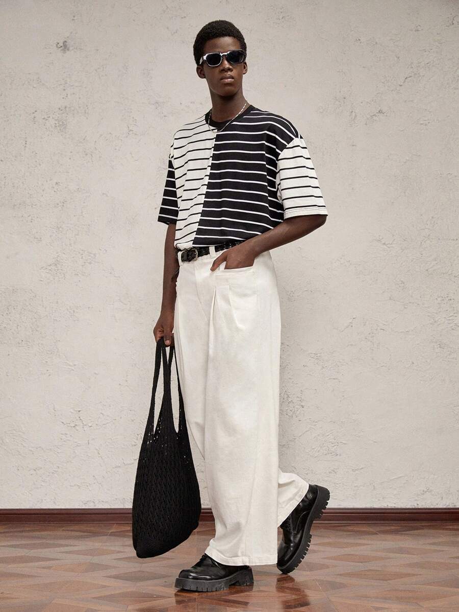 AKNOTIC Business Casual Men's Relaxed Fit Striped Round Neck Short ...