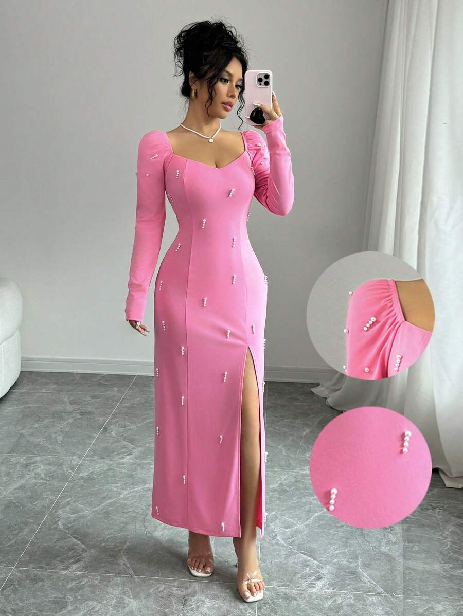 Rafferiza Elegant Sexy French Luxurious Beaded Slit Dress | SHEIN USA