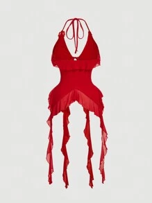 SHEIN MOD Romantic Red Ruffle Edge Ribbon And 3D Flower Tie Neck Top ...