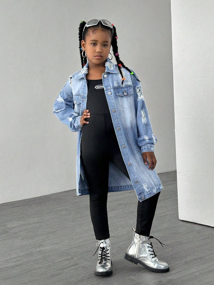 TWEEN GIRL Y2K Street Style Casual Collegiate Distressed Ripped Long ...