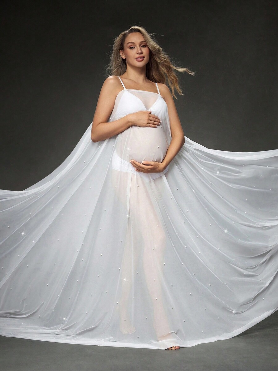 SHEIN Cherish Maternity Maternity Beaded Decor Sheer Mesh Studio ...