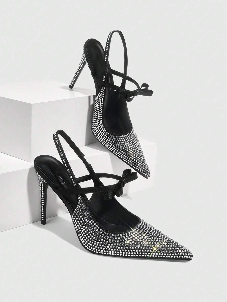 CUCCOO SZL Black Pointy Toe Rhinestone Decorated Stiletto High Heels ...