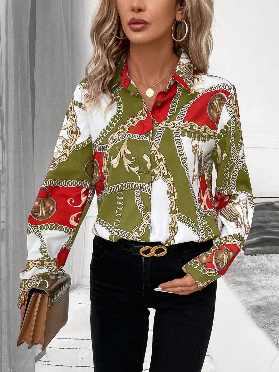 SHEIN Clasi Women's Casual Long Sleeve Single Breasted Loose Chain ...