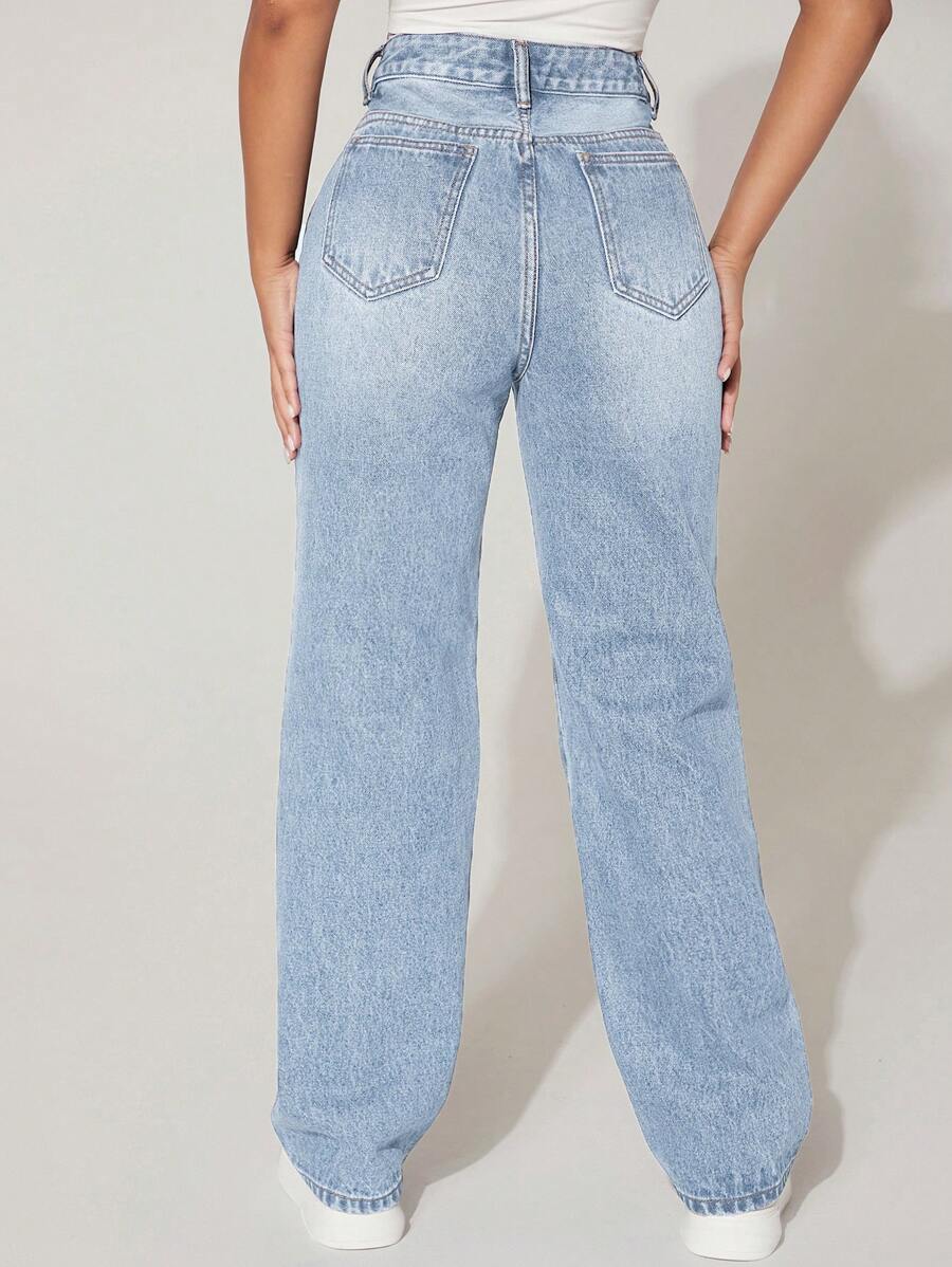 SHEIN EZwear Brushed Fabric Thermal High Waist Ripped Straight Leg Blue Jeans Thanksgiving ...