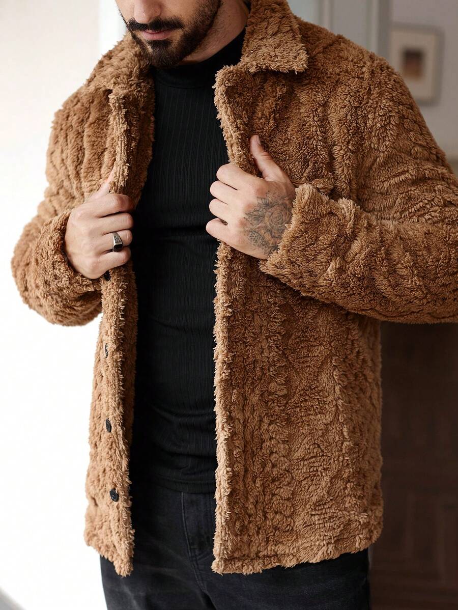 Manfinity Homme Men's Casual Solid Color Fuzzy Jacket For Autumn/Winter ...