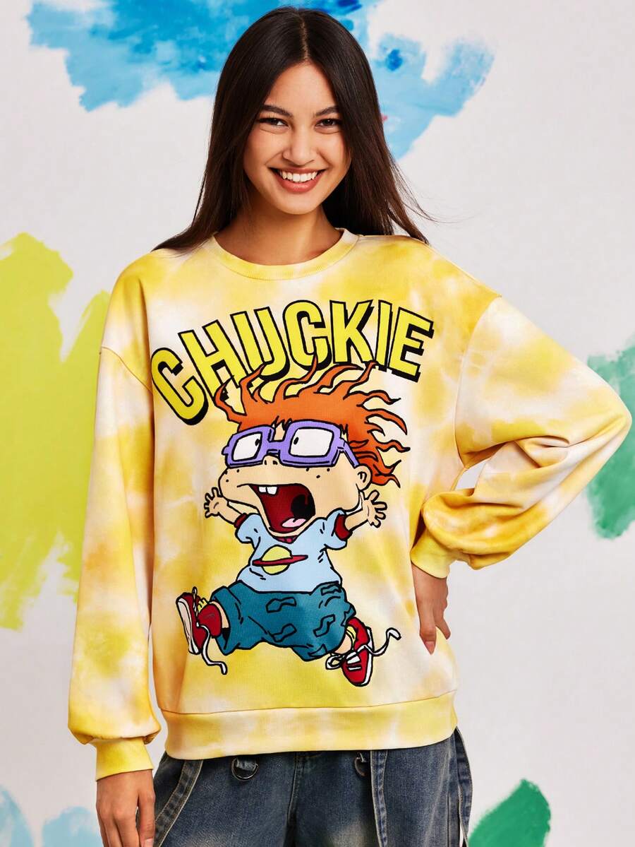 Nick 90s X SHEIN Fall And Winter Yellow Tie Dye Loose Round Neck ...