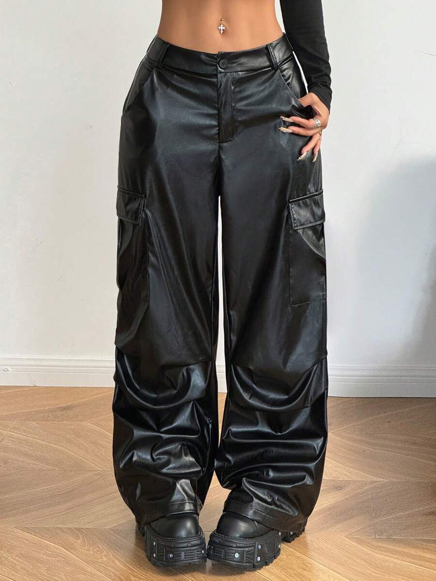 Coolane Women's Rapper Basic Athleisure Leather Black Cargo Pants ...