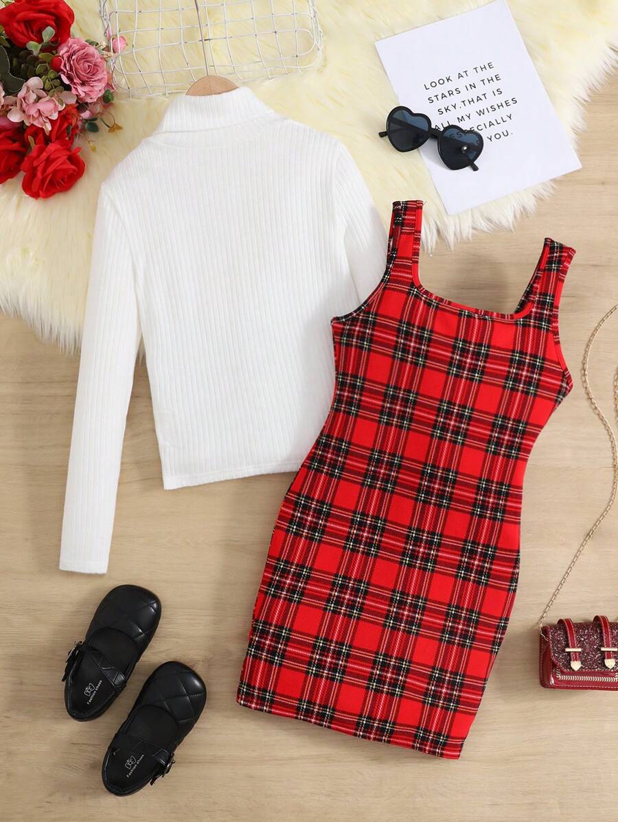 SHEIN Tween Girl Plaid Sleeveless Bodycon Dress + Crew Neck Long Sleeve ...