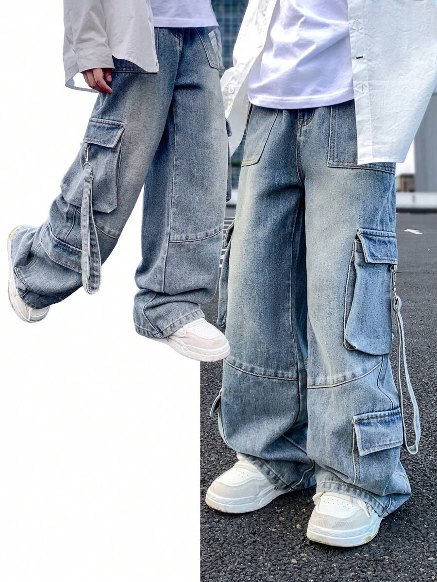 SHEIN Retro Vintage Blue Denim Loose Cargo Pants For Teenage Boys ...