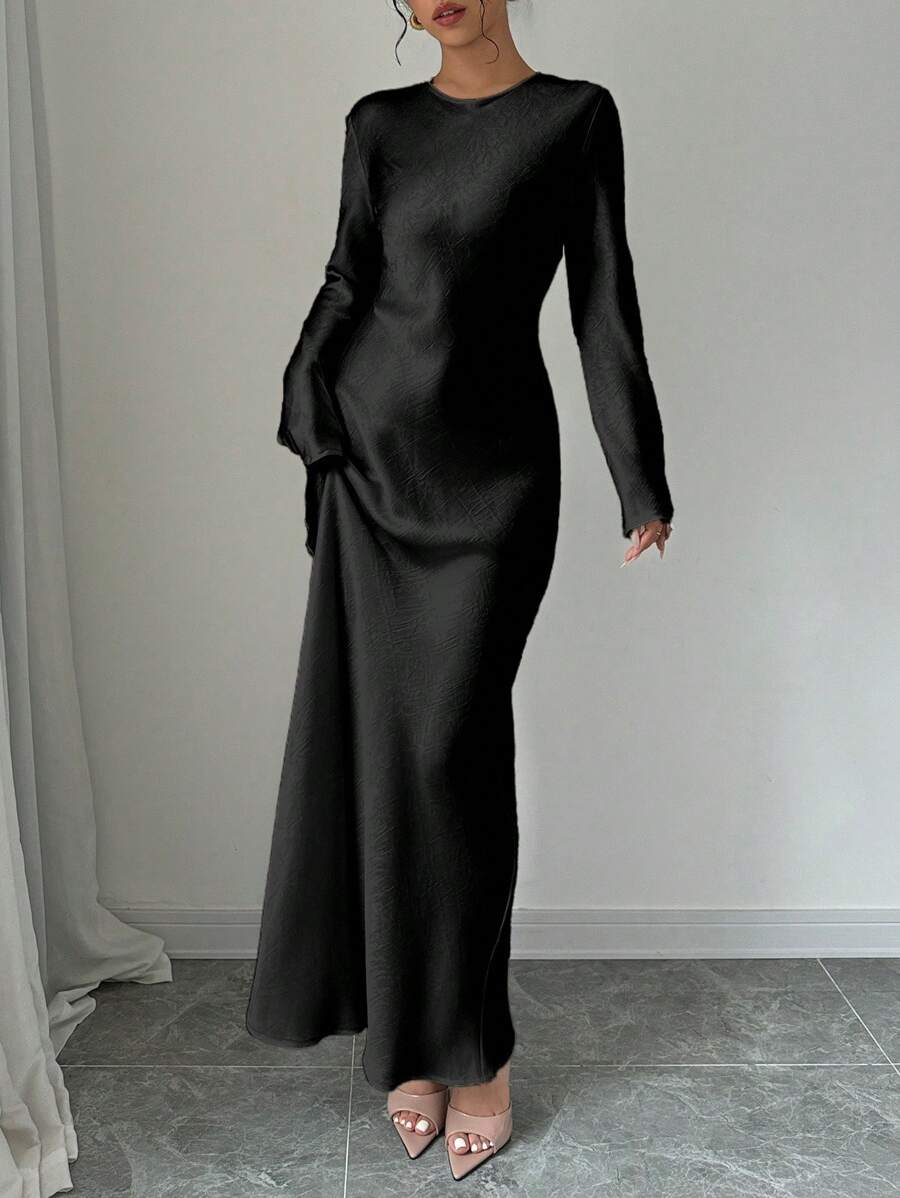 Elenzga Women's Solid Color Round Neck Long Sleeve Ruched Fitted Long Elegant Dress, Autumn Maxi ...