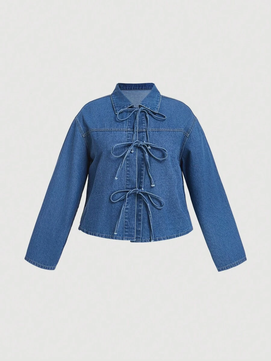 SHEIN EZwear Plus Size Denim Jean Jacket With Long Sleeve And Tie ...