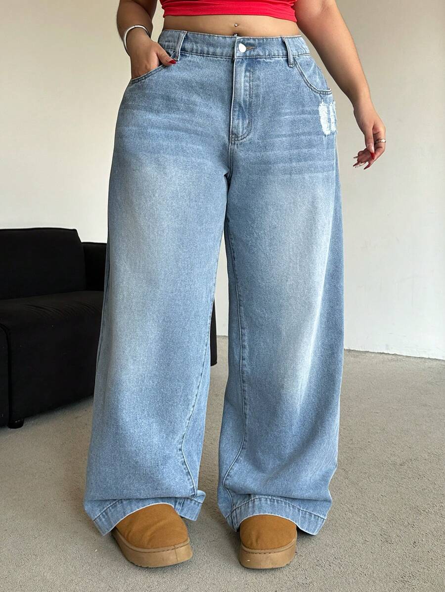 SHEIN EZwear Plus Size Loose Fit Straight Leg Blue Washed Baggy Jeans ...