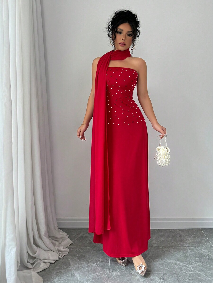 SHEIN Privé Elegant Red Christmas Party Dress, Off Shoulder Beaded Long ...