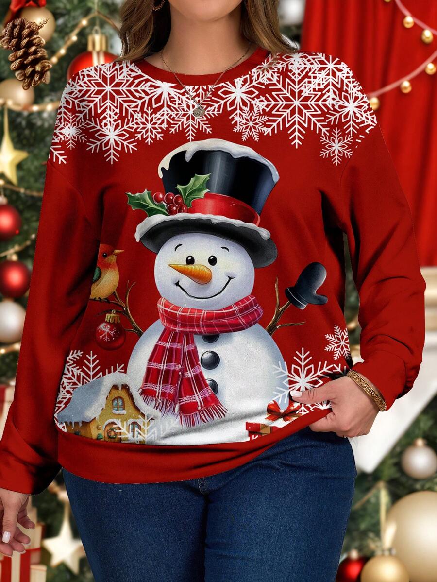 SHEIN LUNE Plus Size Women Christmas Snowman Print Loose Fit Crew Neck ...